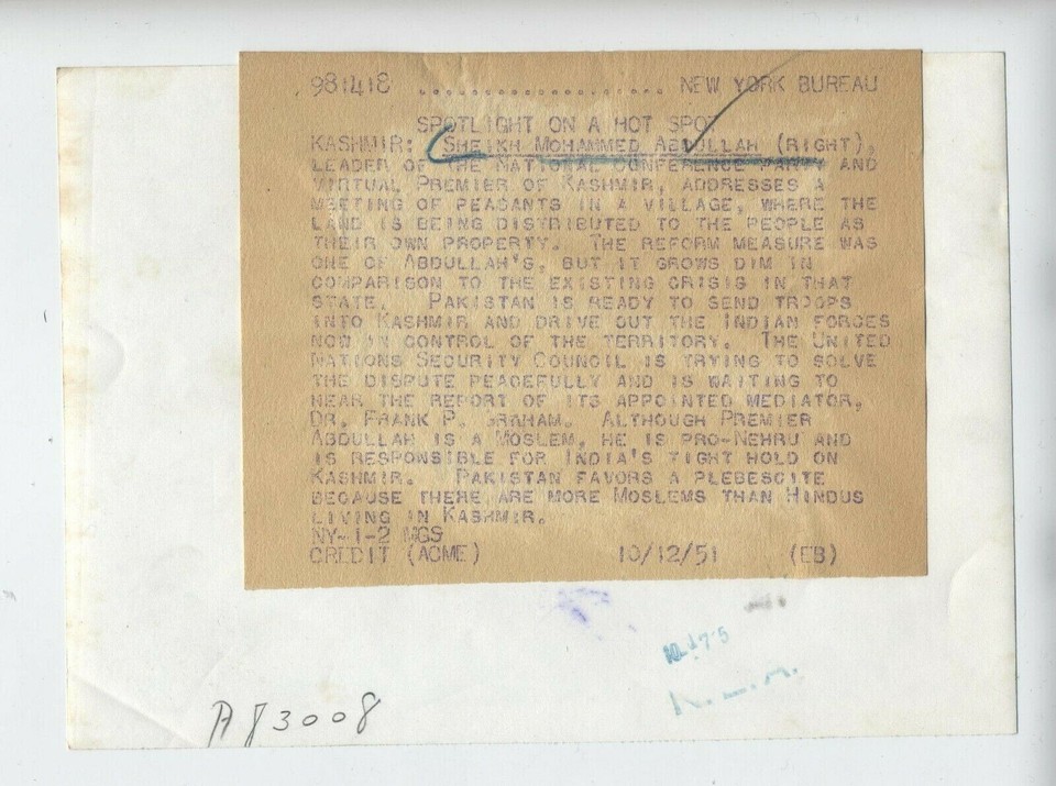 1951 ORIGINAL LION OF KASHMIR INDIA PHOTO SHEIK MOHAMMED ABDULLAH ...