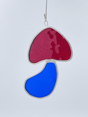 VINTAGE Retro Leaded Stained Glass Sun Catcher Red/Cobalt/Blue Mushroom ...