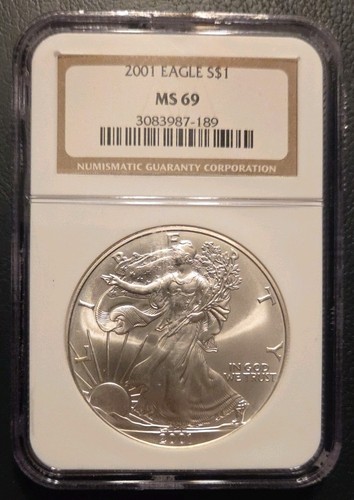 2001 $1 American Silver Eagle NGC MS69 Brown Label Beautiful Near ...
