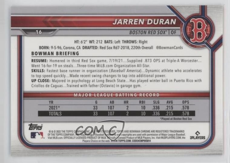 2022 Bowman Chrome Jarren Duran #16 Rookie RC | eBay