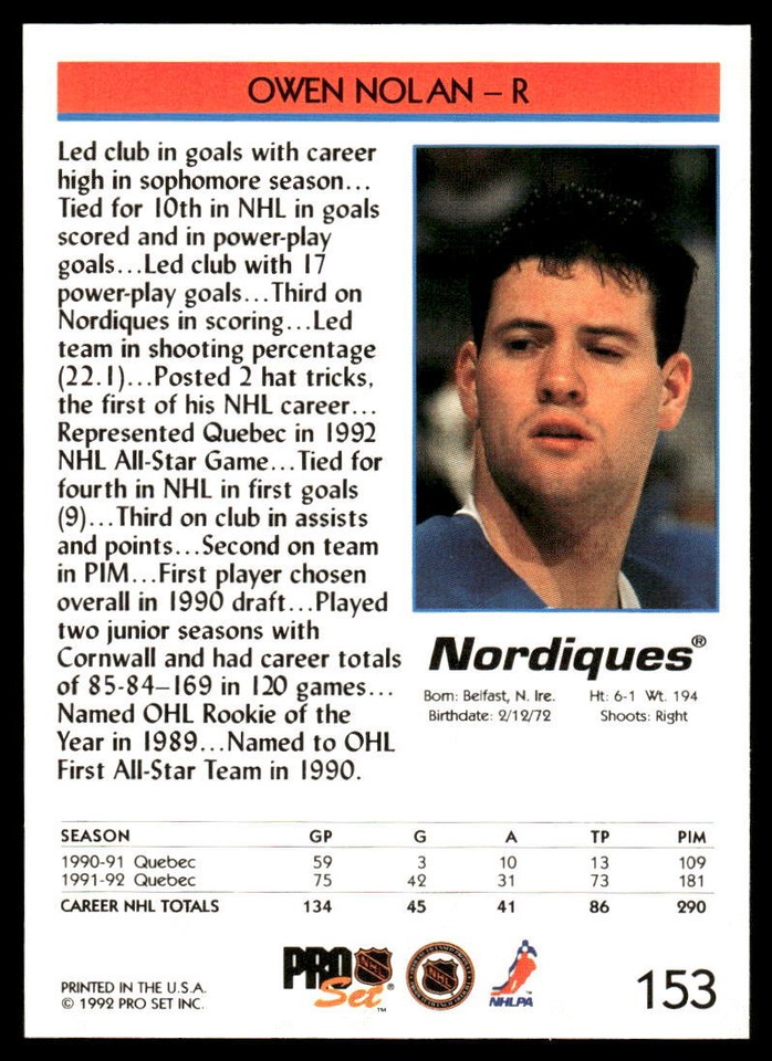 1992-93 Pro Set #153 Owen Nolan Quebec Nordiques Hockey Card | eBay