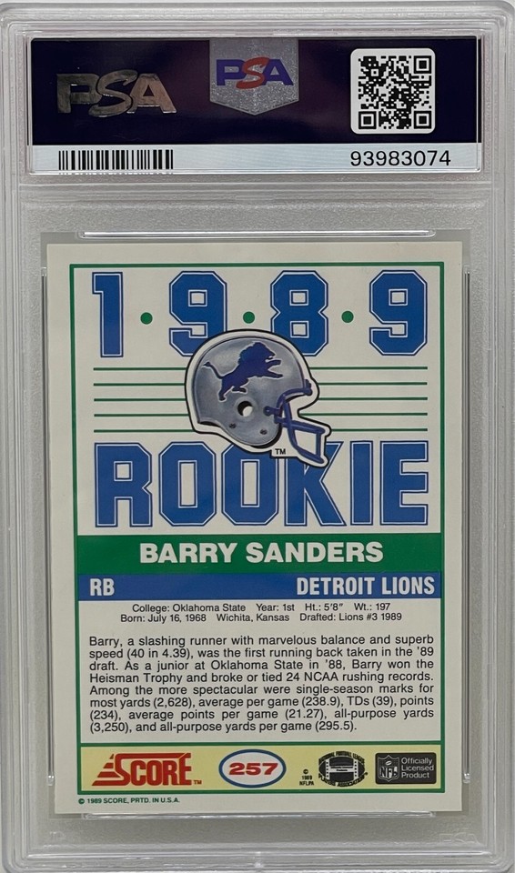 Barry Sanders Signed 1989 Score Detroit Lions NFL Rookie Card w/ ROY ...