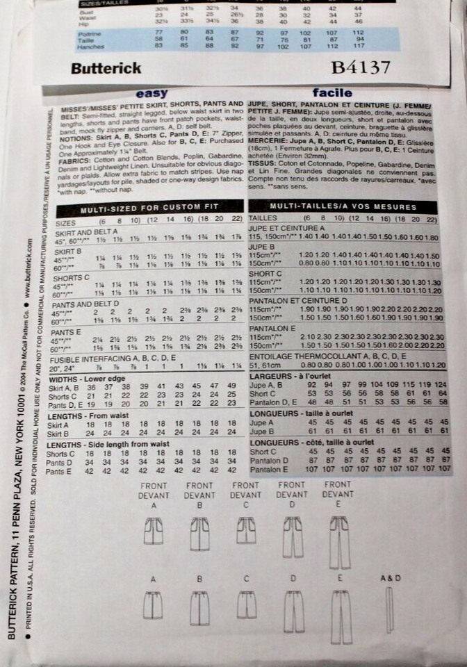 Butterick 4137 Misses Skirt, Shorts, Pants & Belt Sewing Pattern 18-20 ...