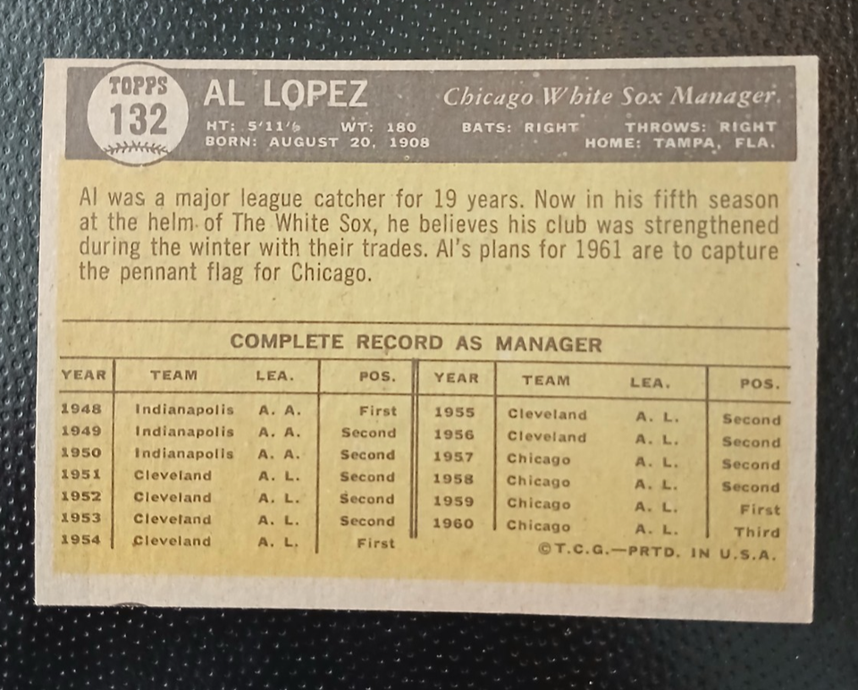 1961 - TOPPS - BASEBALL CARD - AL LOPEZ - # 132 | eBay