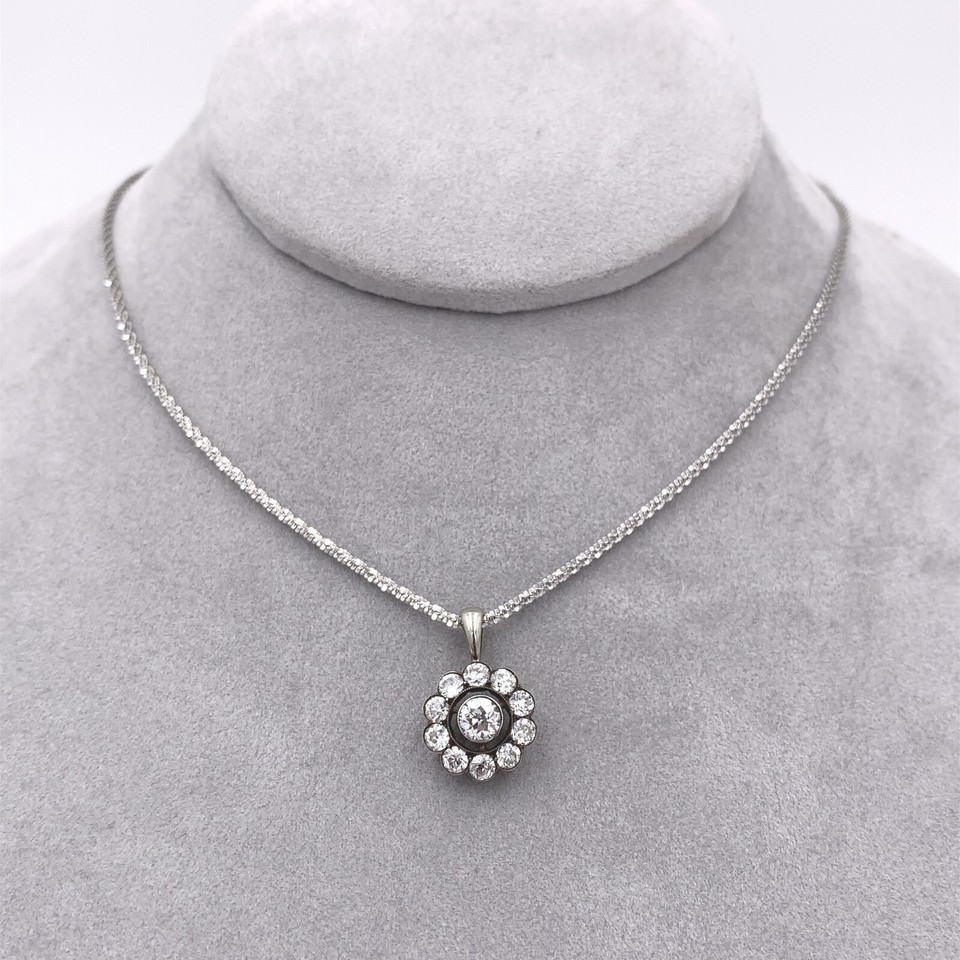 European 14k Gold and Silver Rosette Genuine Natural Diamond Pendant (# ...