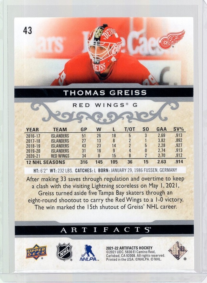2021-22 Artifacts #43 Thomas Greiss | eBay