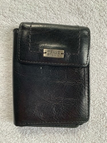 VTG Pelle Studio Wallet Womens Black Leather Slim Bi-Fold Snap Silver ...