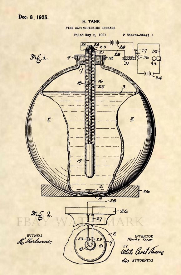 Fire Extinguisher Grenade US Patent Art Print - Antique Vintage Fire ...