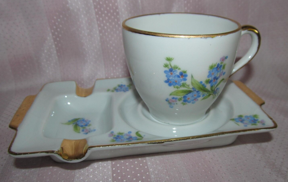 Cup and Sous Cup Cendrier Porcelain Limoges Decor Floral Blue Gew Gold ...