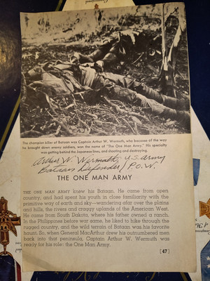 Page Signed by ARTHUR W. WERMUTH, Bataan's One Man Army - Both sides of ...