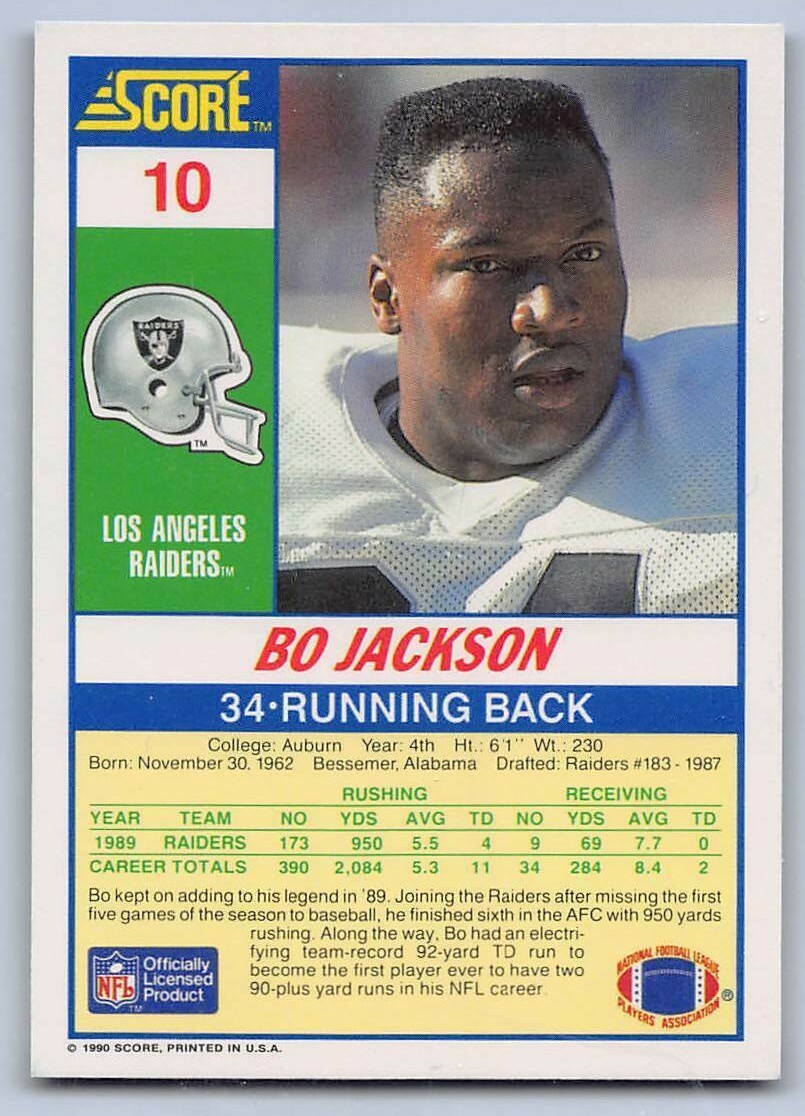 1990 BO JACKSON - SCORE Football Card # 10 - Los Angeles Raiders | eBay