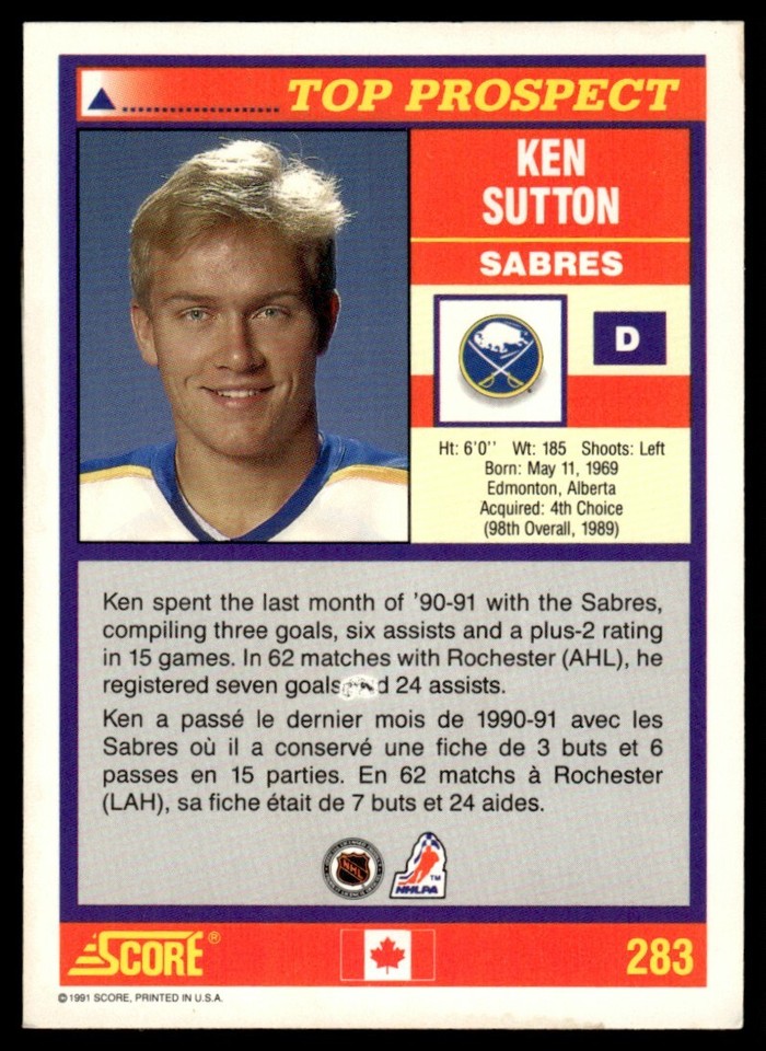 1991-92 Score Canadian Bilingual Top Prospect #283 Ken Sutton Rookie ...