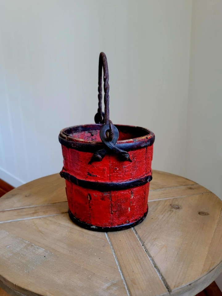 Antique Primitive Red Wooden Berry Pail Bucket with Hand Forged Iron ...