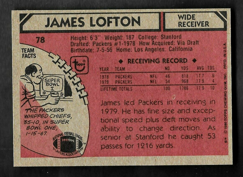 JAMES LOFTON 1980 TOPPS INSERT CARD #78 PACKERS GREAT LOOKING VINTAGE ...