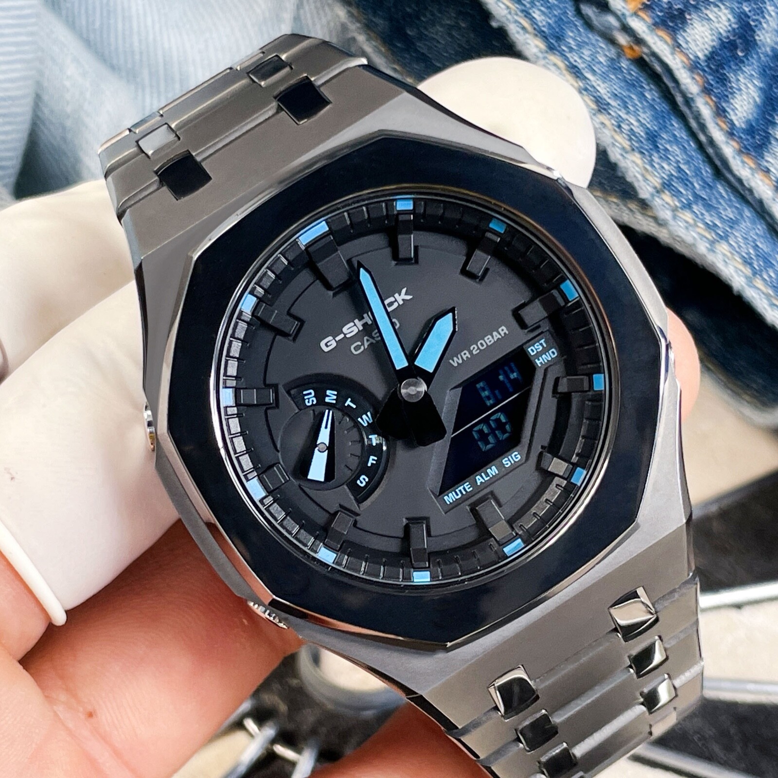 Custom Gun Metal Digital Blue Casioak Casio G-Shock Stainless Steel ...