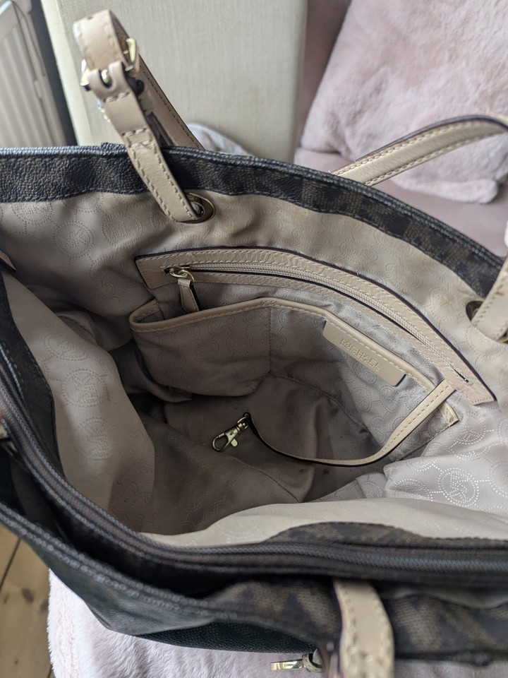 Michael Kors Jet Set Logo Signature Tote Brown With Beige Leather ...