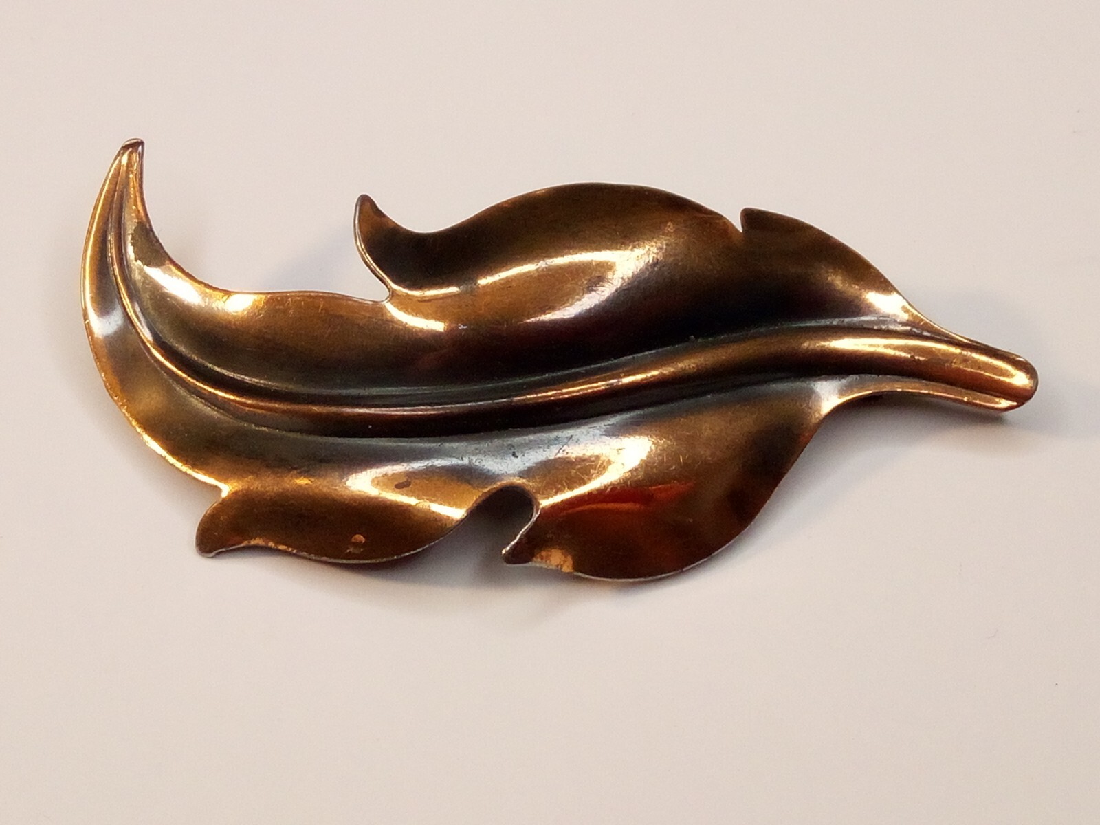 Vintage Copper Leaf Shaped Brooch - Gem