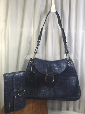 CHARLIE LAPSON CROC EMBOSSED LEATHER PURSE HANDBAG SATCHEL WALLET BLUE ...