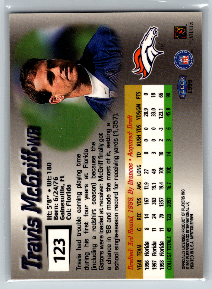 Travis McGriff 1999 Fleer Mystique RC, SN2999 #123 Denver Broncos ...