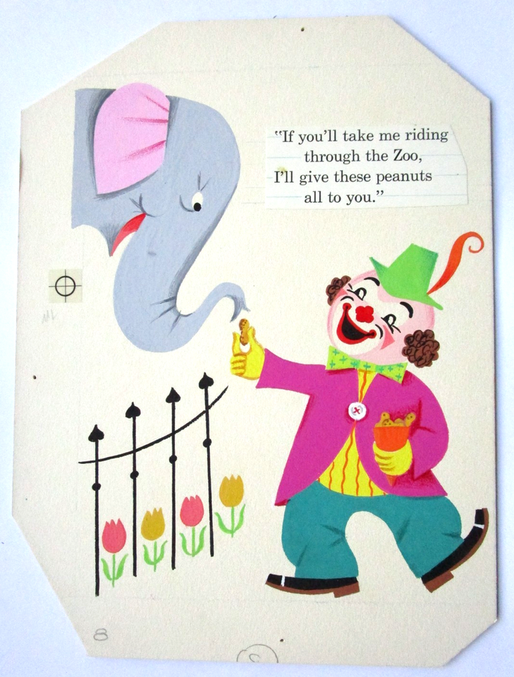 1967 CLOWN ORIGINAL CHILDREN'S BOOK PAINTING cel drawing art elephant ...