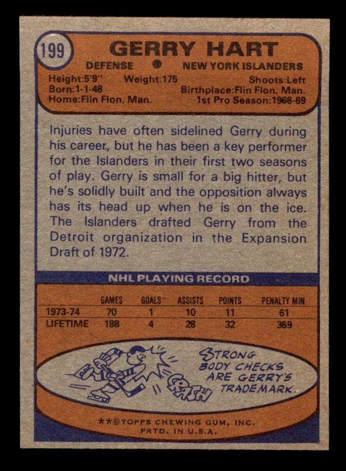 1974 Topps Hockey #199 Gerry Hart NM/MT | eBay