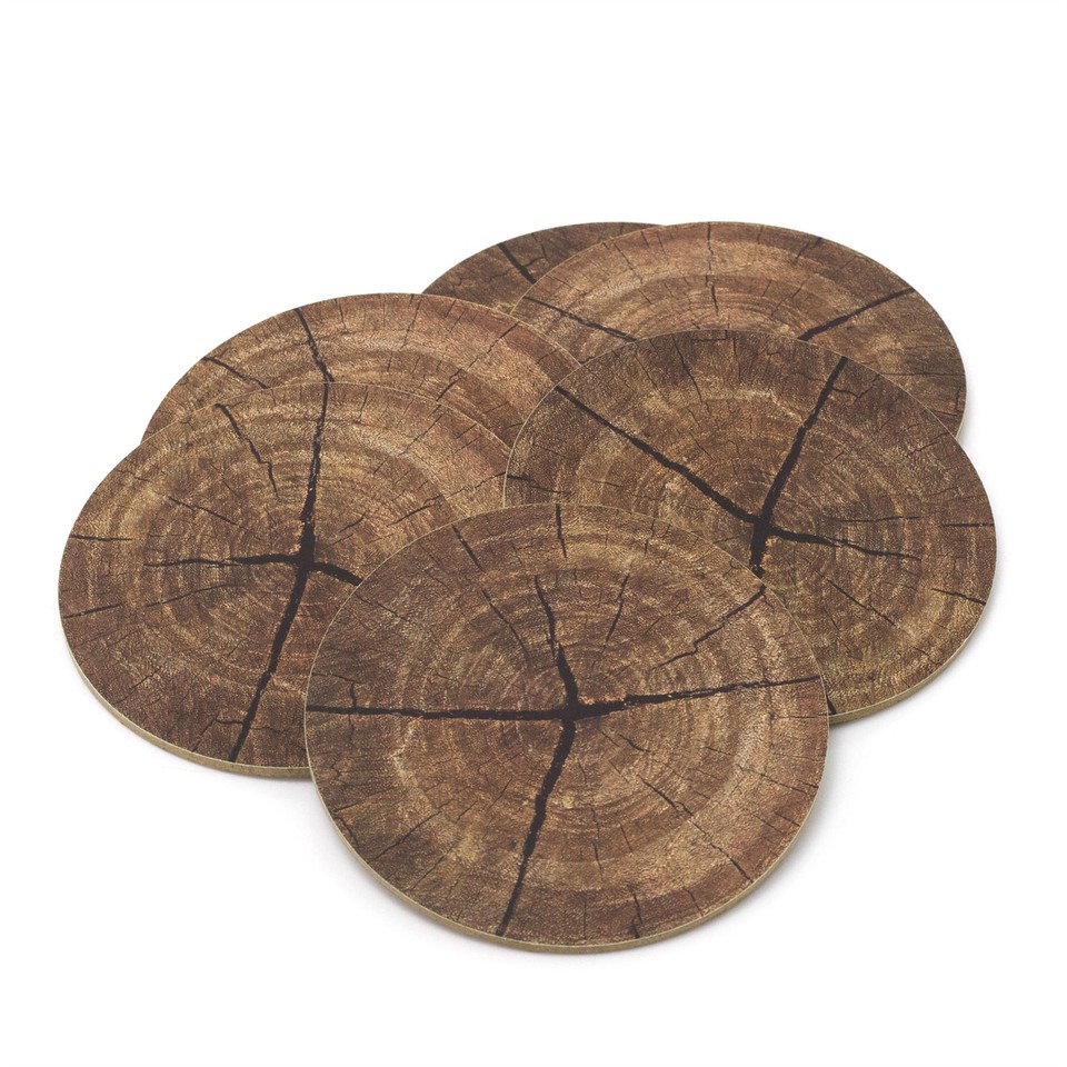 Set Of 6 Round Tree Trunk Print Coasters | Bark Design Cork Backed ...