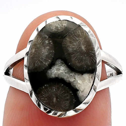 Natural Black Flower Fossil Coral 925 Sterling Silver Ring s.6.5 ...