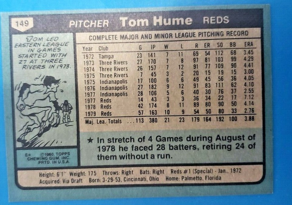 1980 Topps Baseball Card #149 Tom Hume - NM-MT Cincinnati Reds | eBay