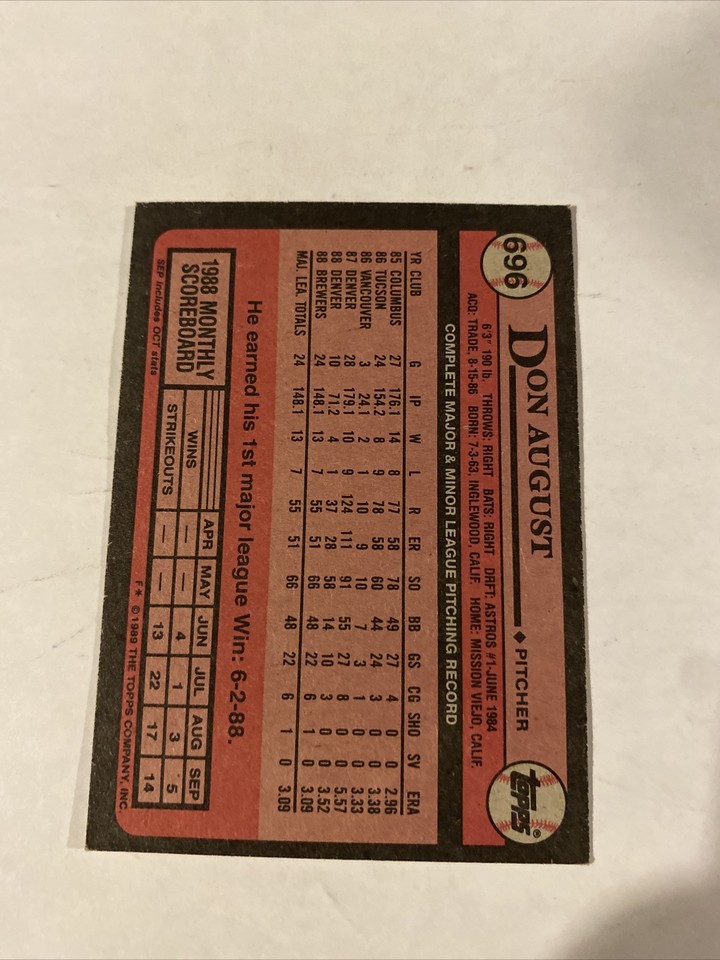DON AUGUST 1989 TOPPS Autograph Signed AUTO Baseball Card 696 BREWERS ...