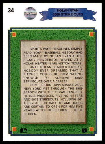 1990 Upper Deck #34 Nolan Ryan Texas Rangers HOF 5000 Strikeouts Card ...