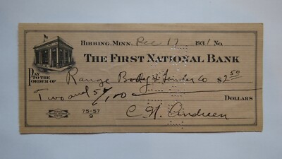 $2.50 1931 Hibbing Minnesota MN Cancelled Check! First National Bank | eBay