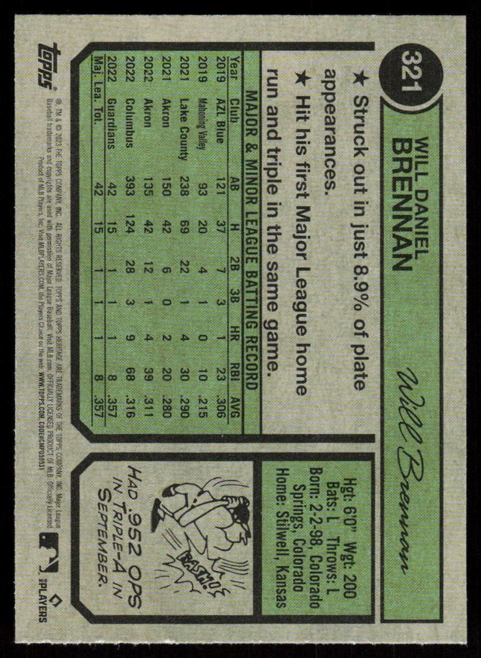 2023 Topps Heritage Will Brennan #321 BASEBALL Rookie Cleveland ...