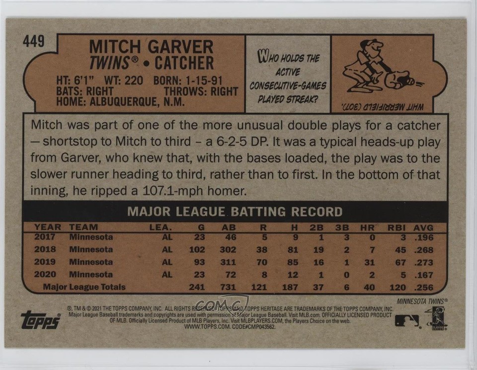 2021 Topps Heritage High Number SP /10 Mitch Garver #449 | eBay