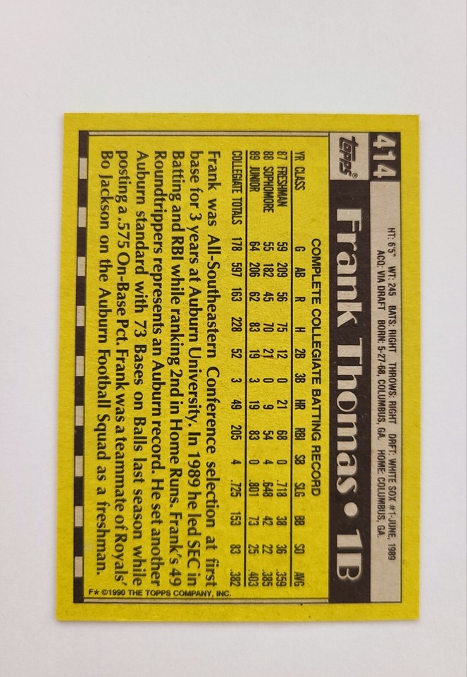 1990 Topps FRANK THOMAS ROOKIE Error 414. MULTI PURPLE ERROR!! | eBay