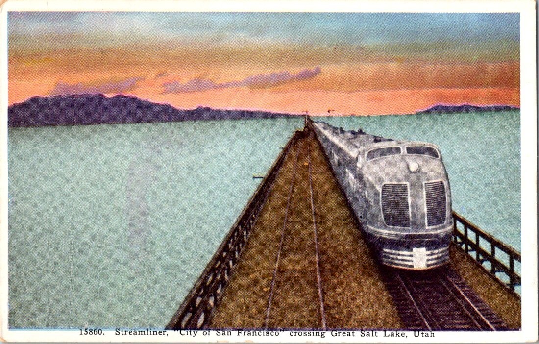 vintage postcard- Streamliner, "City of San Francisco" crossing Great ...