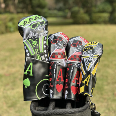 Poker King&Queen Golf Wood Head Covers Driver Fairway Woods Hybrid PU ...