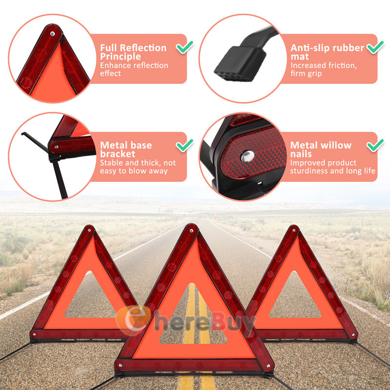 3X Reflective Warning Triangles Emergency Kit For Car Safety Security ...