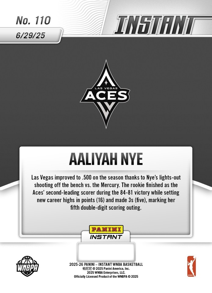 Aaliyah Nye 2025 Panini Instant WNBA #110 Lightning /5 Las Vegas Aces ...