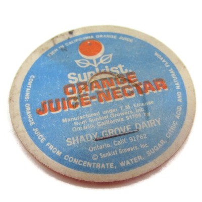 Vintage Sunkist Orange Juice Nectar Cardboard Milk Cap Shady Grove ...