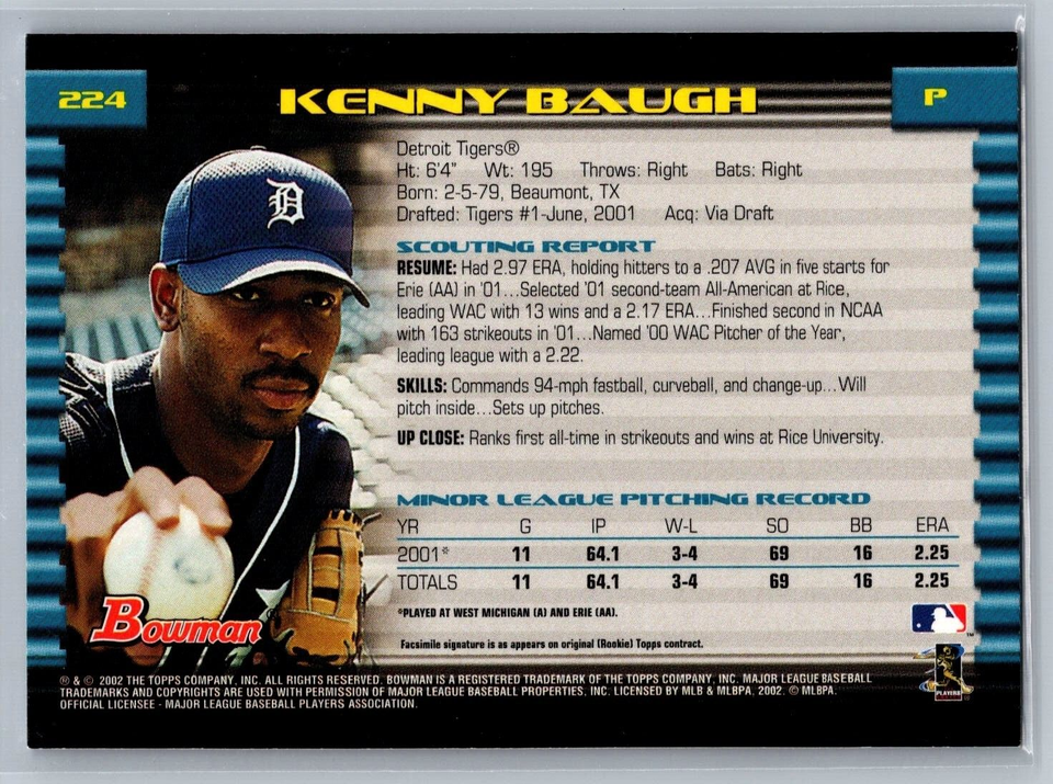 2002 TOPPS BOWMAN CARD # 224 Kenny Baugh - Detroit Tigers | eBay