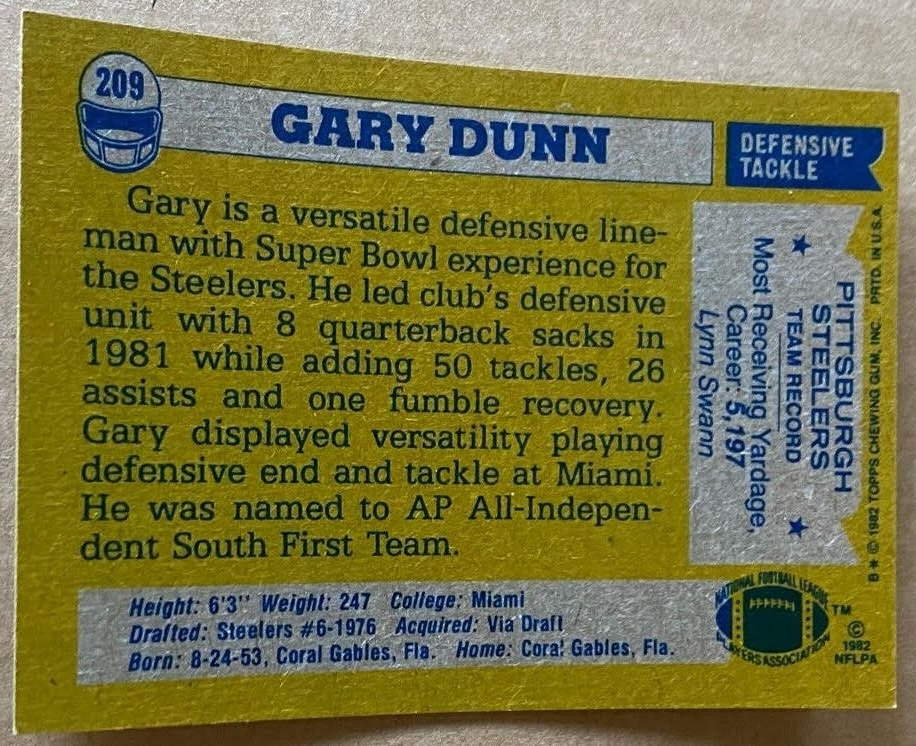 1982 TOPPS CARD #209 GARY DUNN NM-MT Condition | eBay
