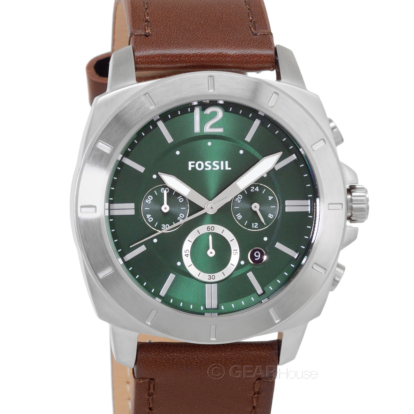 FOSSIL Privateer Mens Silver Chronograph Watch, Green Dial, Brown ...