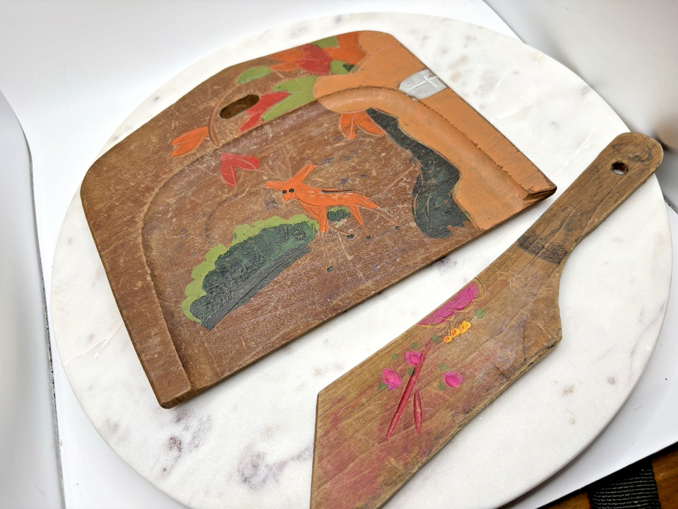 Vintage Wood Hand Carved & Tole Painted Crumb Tray & Scraper circa 1930 ...