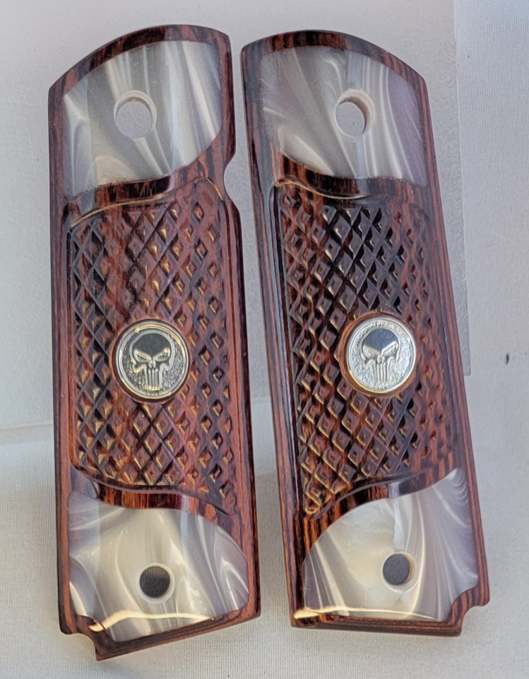 1911 Full Size Checkered Rosewood and Acrylic Pearl Grips with Silver ...