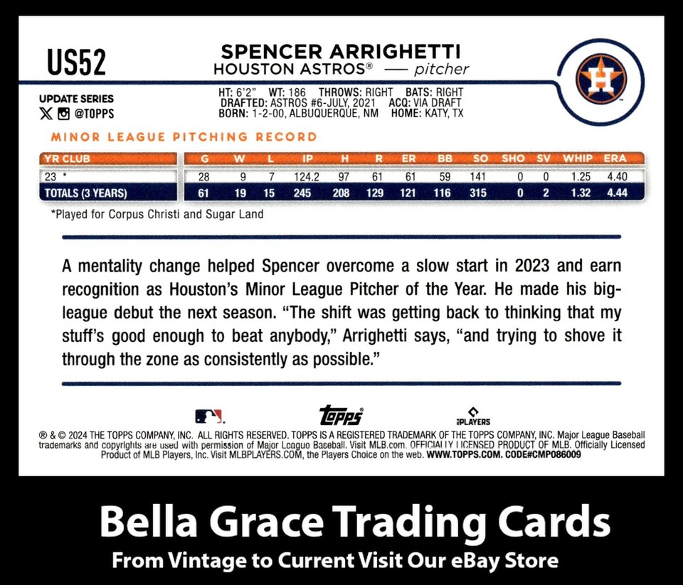 2024 Topps Update Spencer Arrighetti #US52 Houston Astros Rookie MLB ...