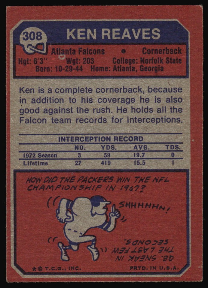 1973 Topps Ken Reaves #308 Atlanta Falcons | eBay