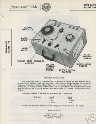 Dixie-Land Model 110 Tape Recorder-Sams PhotoFact Docs | eBay