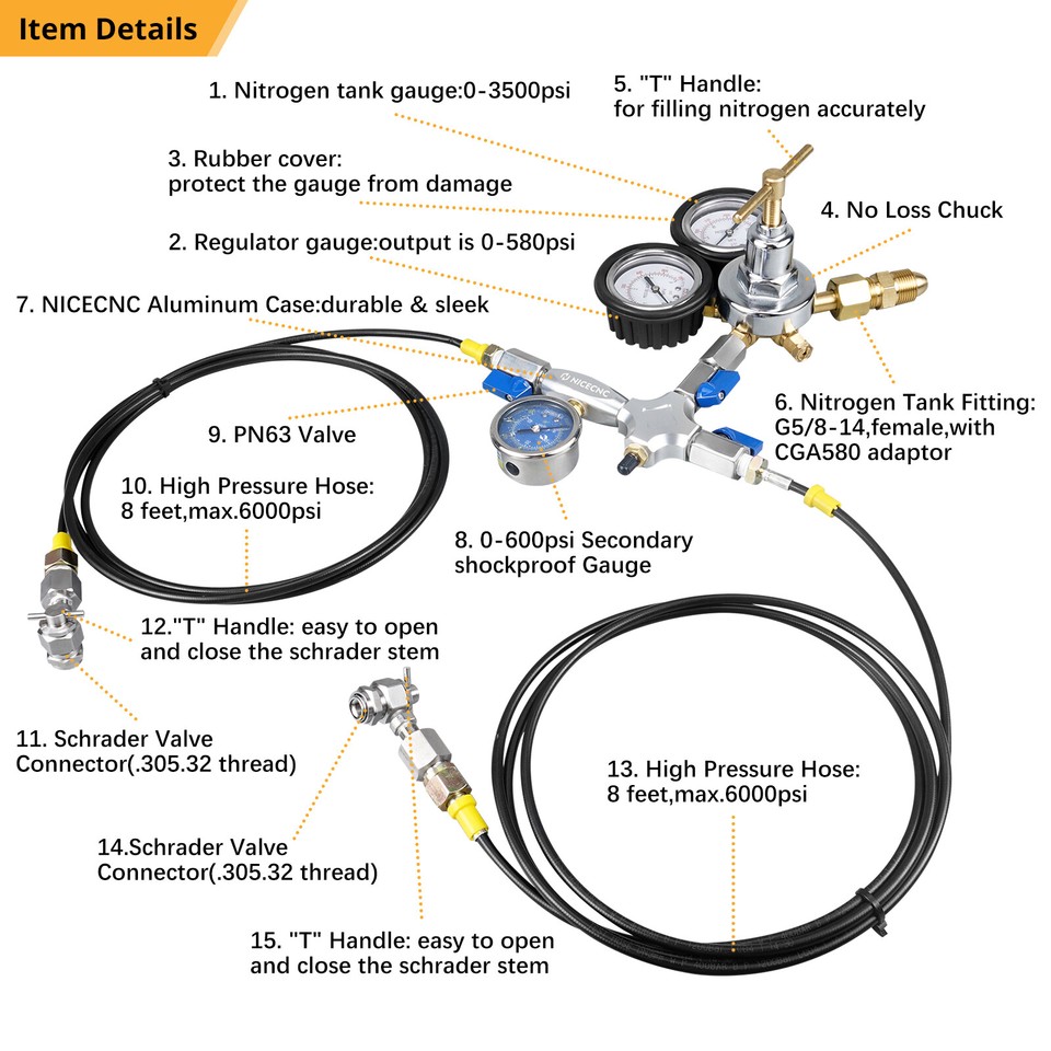 380PSI Dual Hose Nitrogen Fill Kit For Nitrogen Shock With Schrader ...