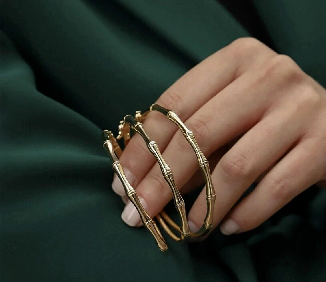 14K Yellow Gold Plated 925 Silver, Women's Bamboo Bangle Cuff Handcuff Bracelet | eBay