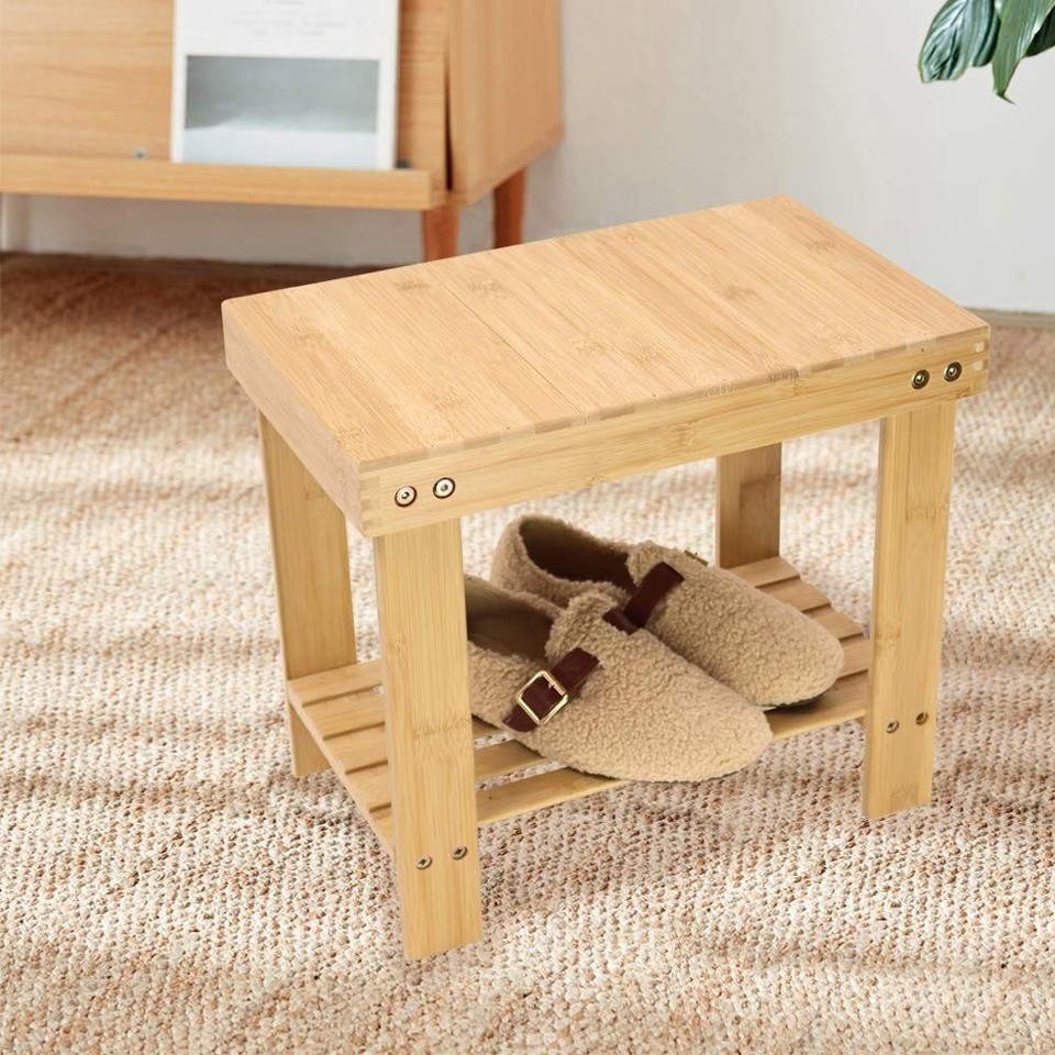 Bamboo Step Stool with Storage Shower Bench with Shelf Foot Stool for ...